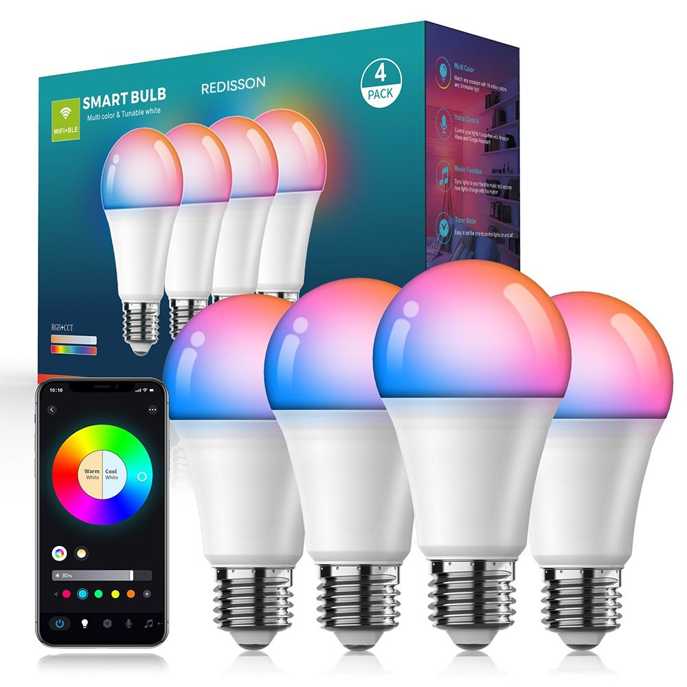 Redisson Smart Light Bulbs 10W 800LM E27 LED Wi-Fi Light Bulb - 4 pack ...