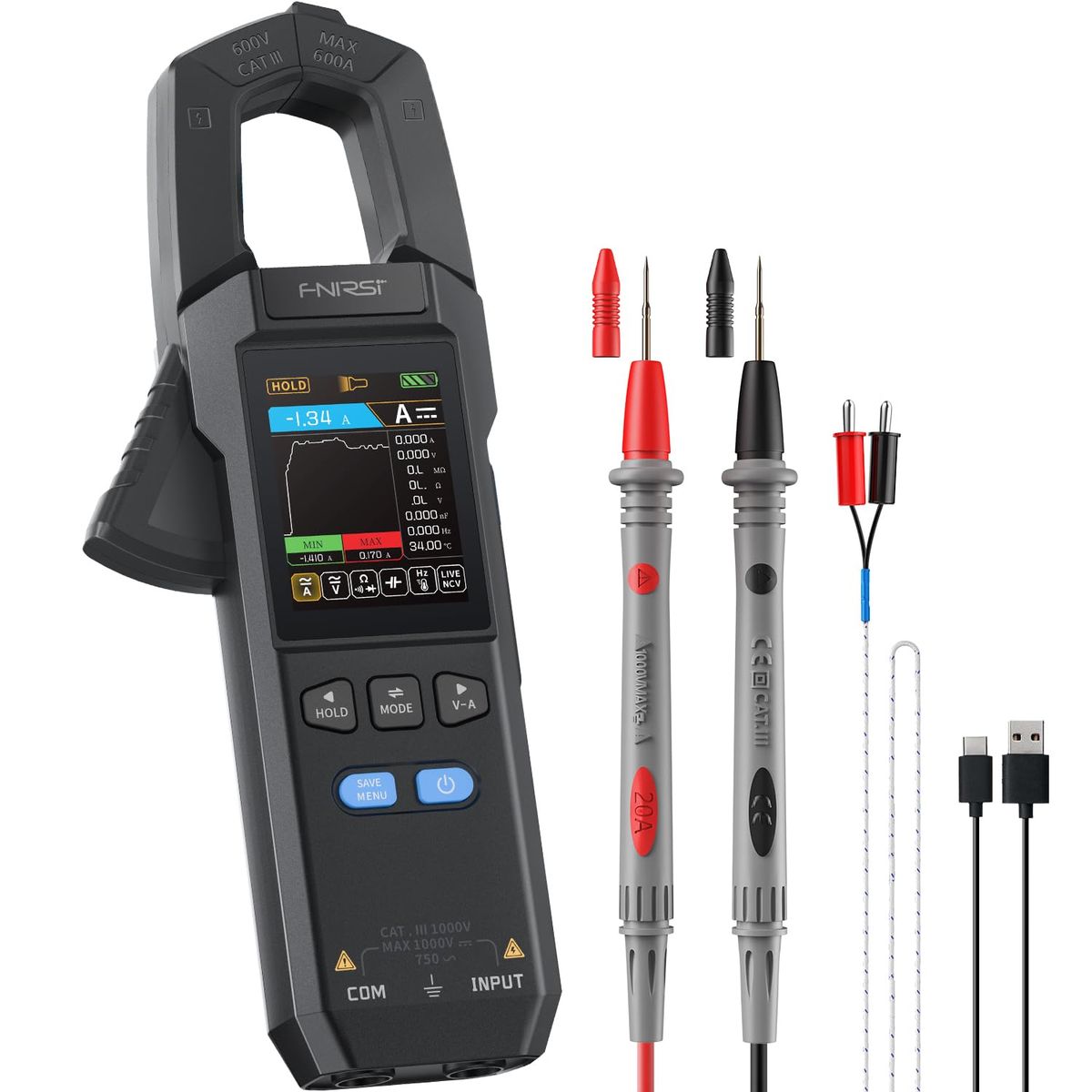 Digital Clamp Meter TRMS 9999 Counts, 600A Rechargeable Multimeter NCV ...