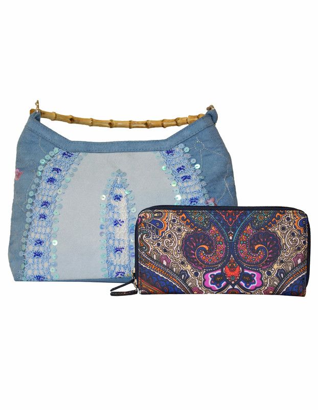 Fino T4-80+A70-798 Bamboo Handle Suede Bag & Purse Set - Blue | Shop ...