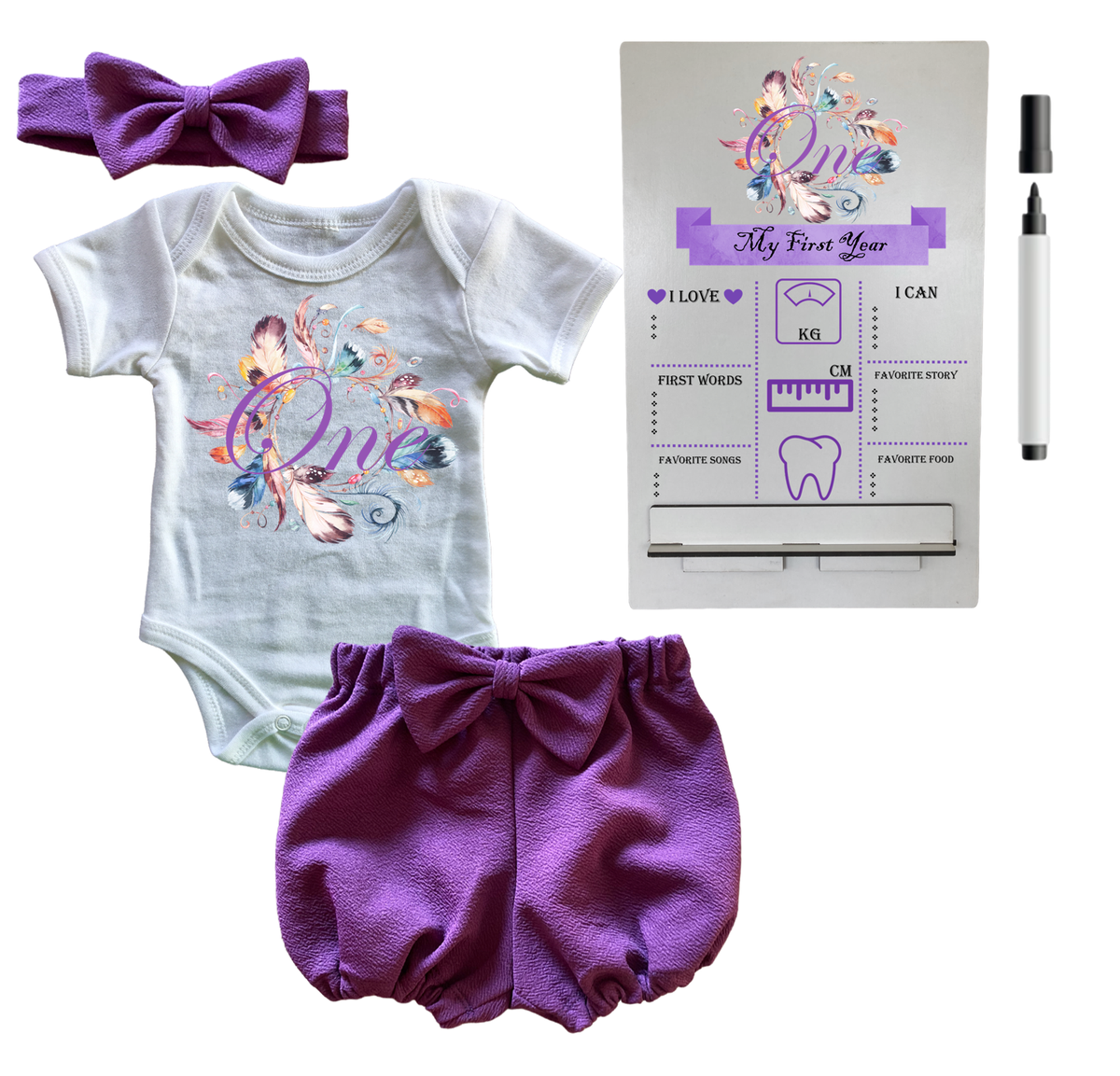 First Birthday Outfit-Bubble shorts & Milestone sign- Purple-Boho ...