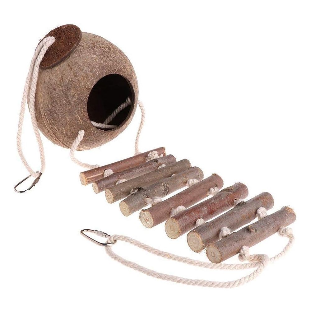 Pet Bird & Hamster Hanging Natural Coconut Shell Hide & Wood Ladder ...