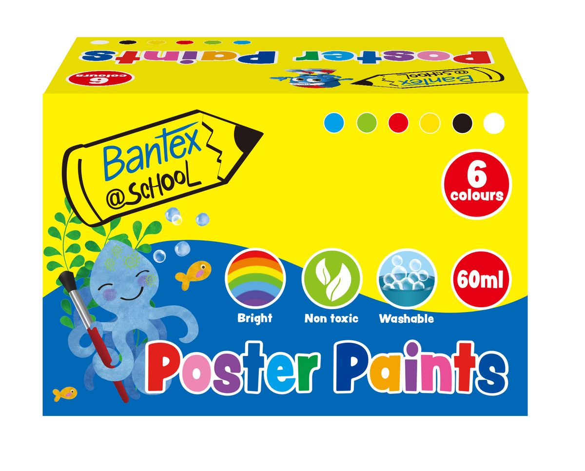 Bantex Poster Paints 60ml set of 6 (Red/Green/Blue/Yellow/White/Black ...