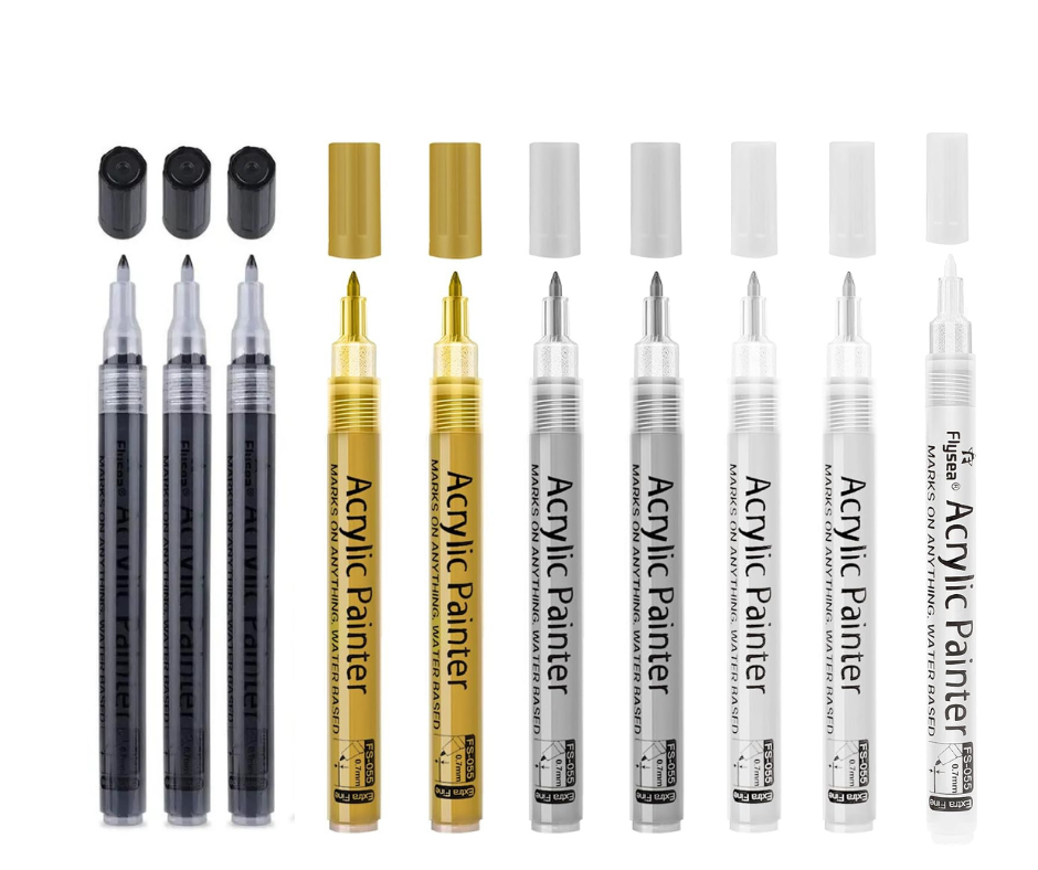 10 Acrylic Permanent Marker Pens Black-White-Silver-Gold Art&Crafts ...