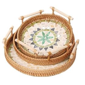 Decor Round Rattan Acrylic Ceramic Look Tray With Wooden Handles Set Of ...