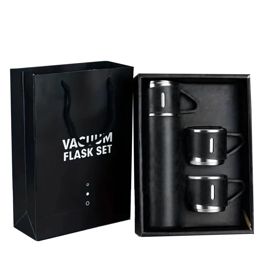 350ml Stainless Steel Double Wall Vacuum Flask & 3 x 125ml Cups with ...