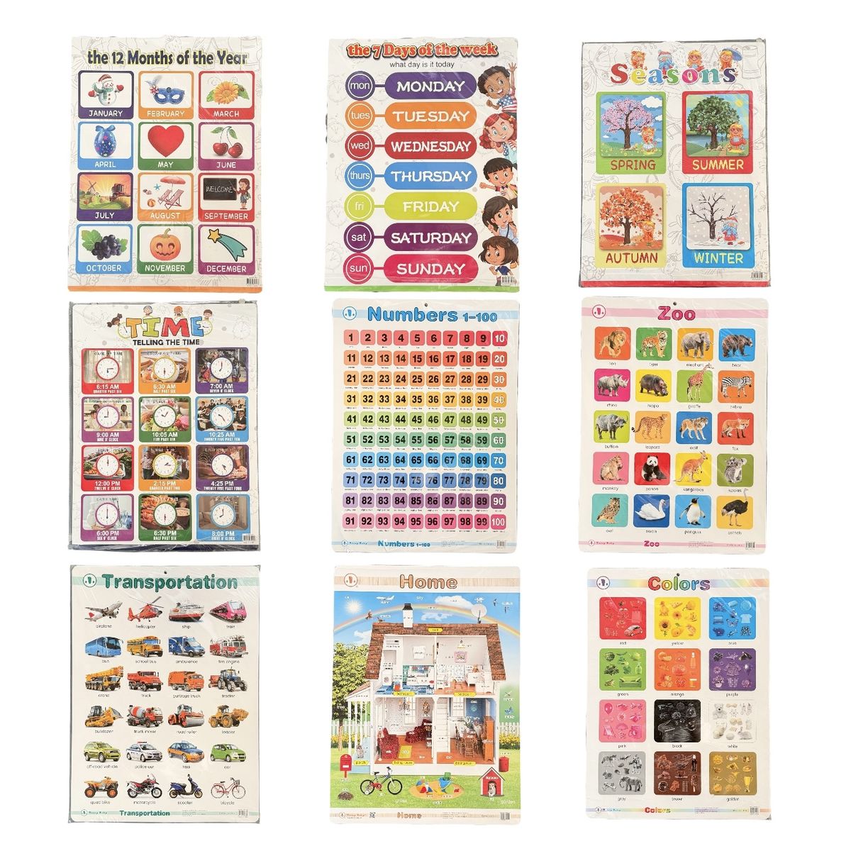9 Piece Educational Preschool Posters For Kids English Learning Wall ...