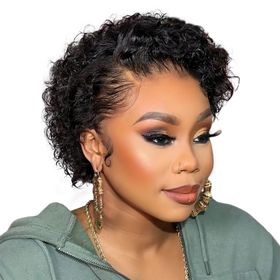 VSP Water Curly Pixie Wig-13x1 Lace Full Frontal Brazilian Human Hair ...