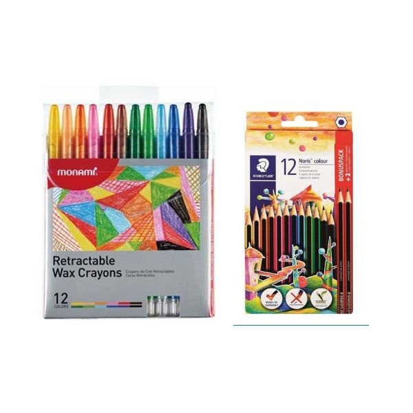 Monami Retractable Wax Crayos 12 s And 12 Coloured Pencils With 2