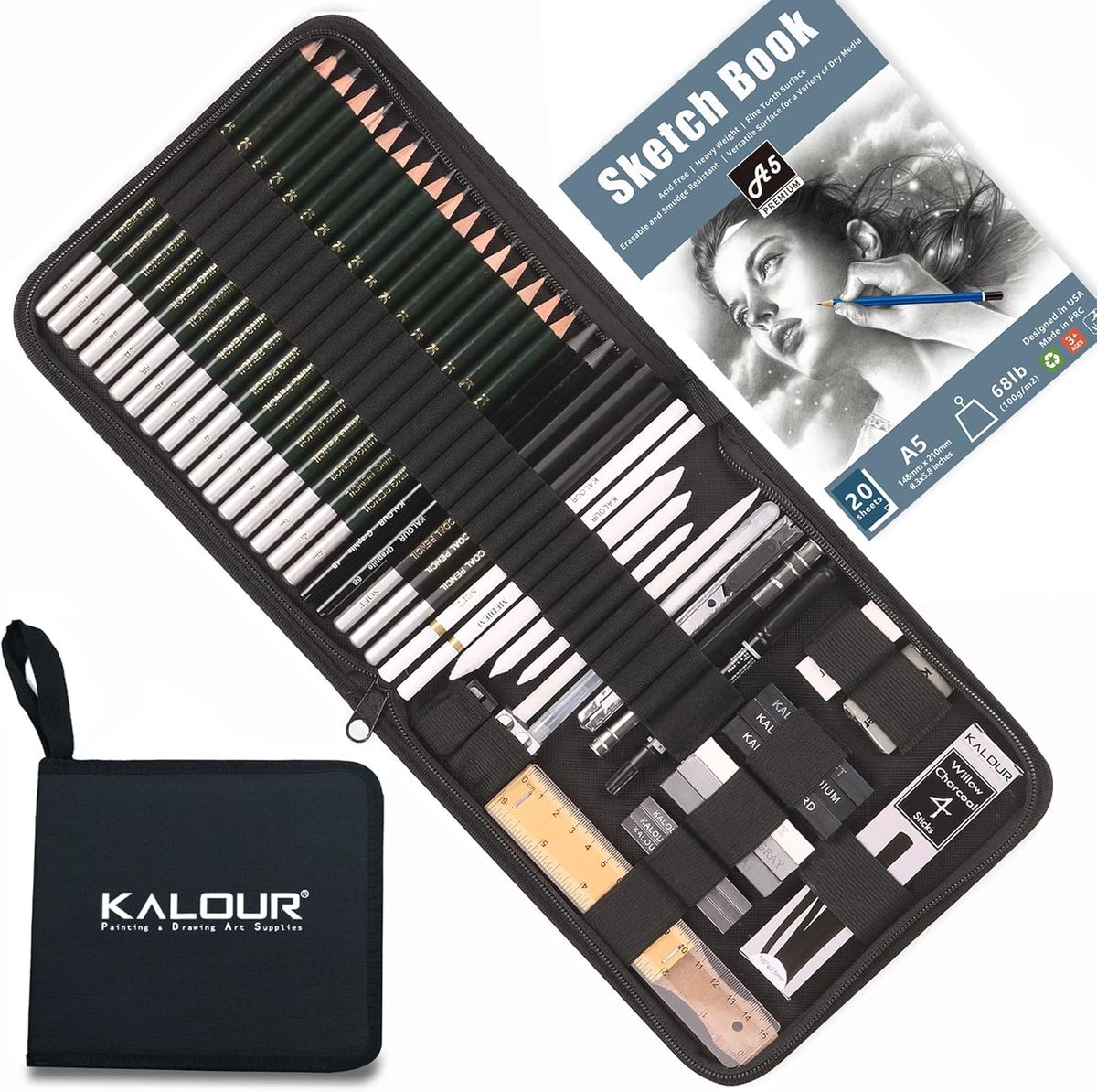 KALOUR 54-Pack Professional Sketch Drawing Pencil Set with Sketchbook ...