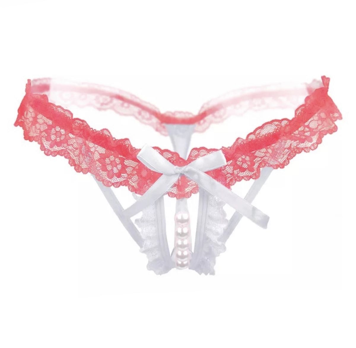 Omg Sexy Silky Lacy Crotchless Pearl Thong Panties Lingerie White
