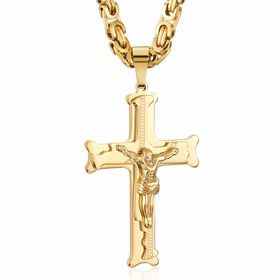 Gold Color Stainless Steel Jesus Cross Pendant Necklace Byzantine Chain ...