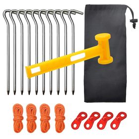 Camping 10Piece Tent Peg With Securing Rope, Anchors, Hammer & Carry ...