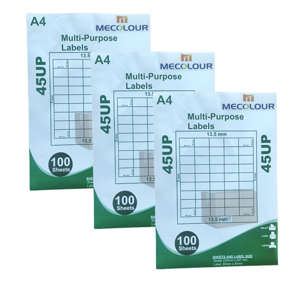 Mecolour 45 up / 45up A4 - 100 Sheets Barcode Self Adhesive Label x3 ...