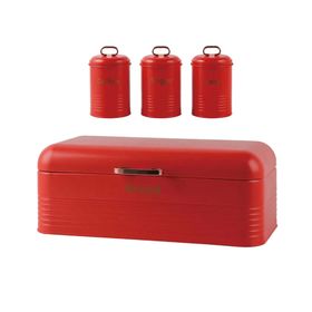 Retro Bread Bin Steel Design with 3 Piece Matching Canister Set - Red ...