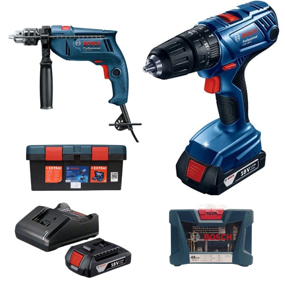 Bosch - Impact Drill Kit (GSB 180-LI) and Impact Drill (GSB 570) with ...
