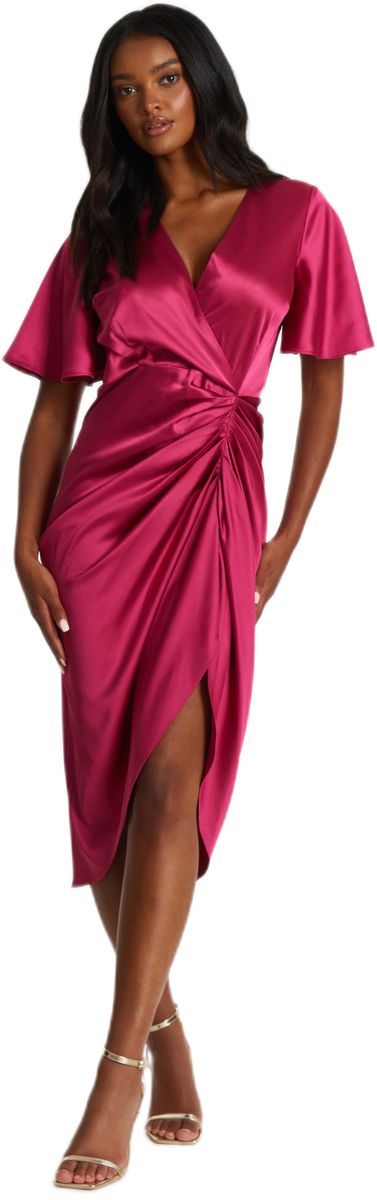 Quiz - Women Raspberry Satin Ruched Wrap Midi Dress | Shop Today. Get ...
