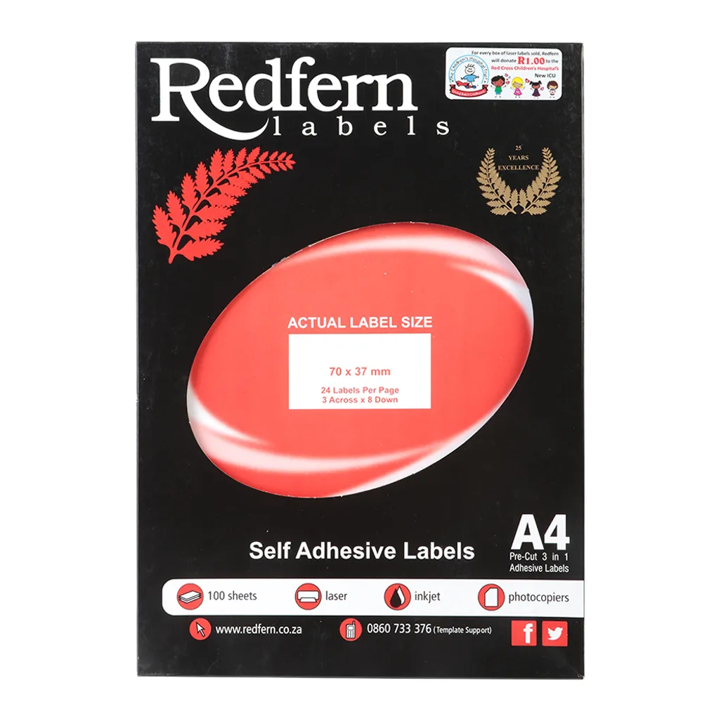 Redfern- Self Adhesive Labels Laser Jet A4 Flat Sheets- 70mm x 37mm ...