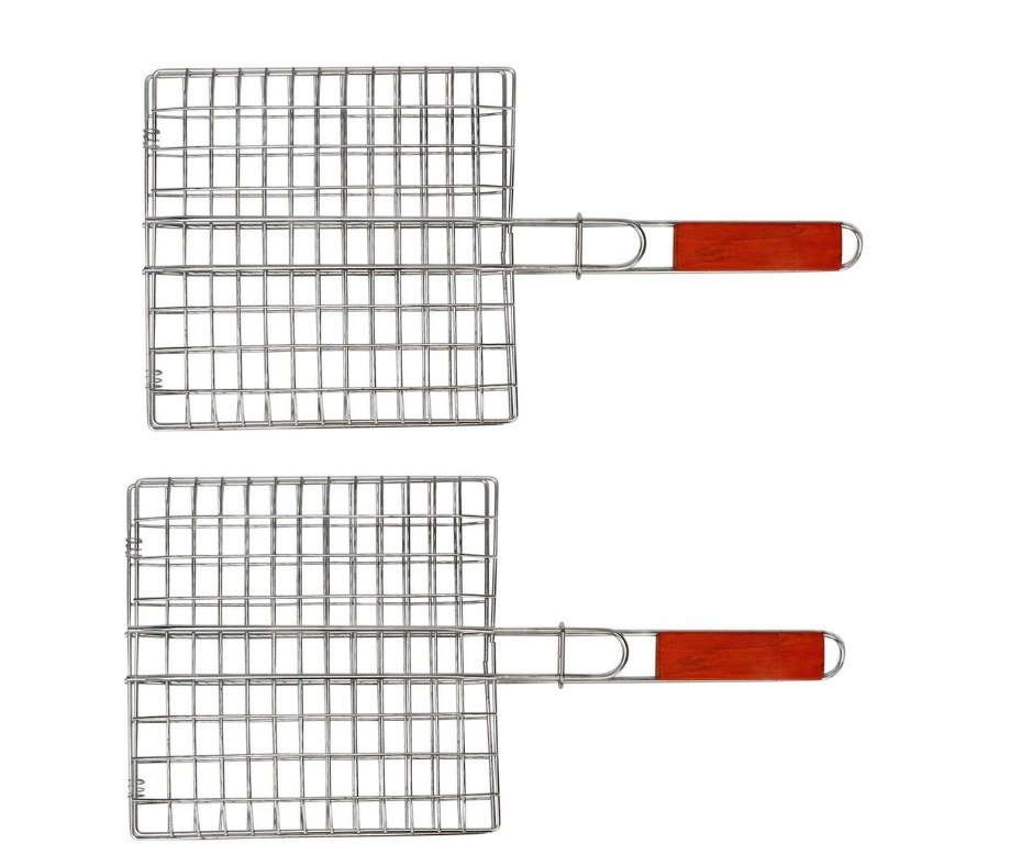 2 Pack Braai Grill Mini Portable Grid Lockable Wooden Handle 39cm BBQ ...