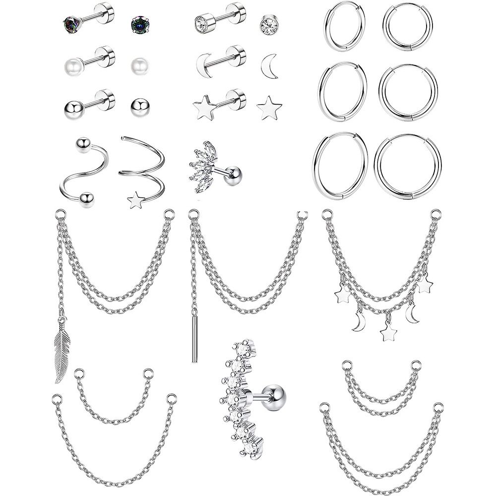 29 Piece Stainless Steel Ear Piercing Jewelry Set - Cartilage Studs ...