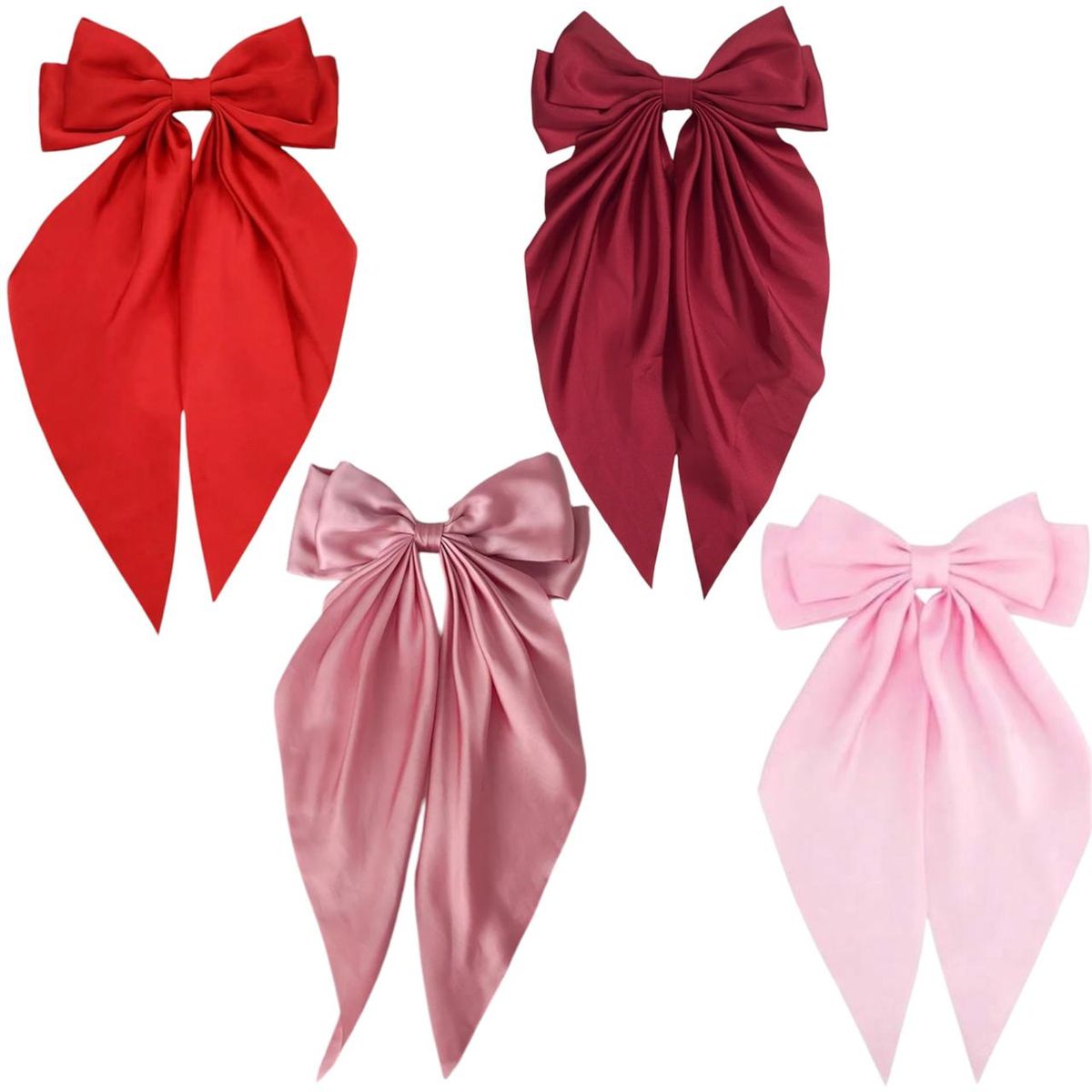 Large Satin Hair Bows - Set Of 4 - Pink, Rose Pink, Red, Wine Red ...