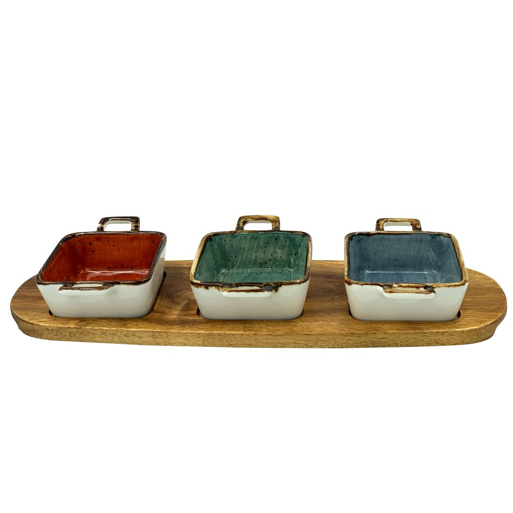 Dream world 4 Piece Set Ceramic Snack Serving Bowl with Bamboo Tray ...