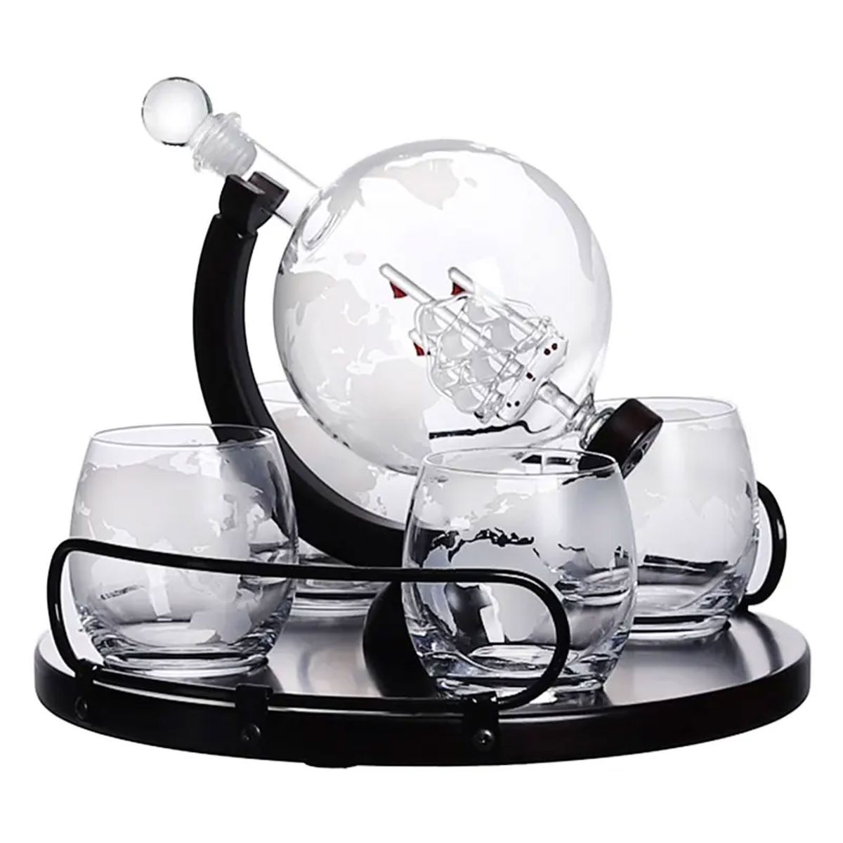 Beautiful Glass Sphere Decanter with 4 Glasses, Ideal for Whiskey ...