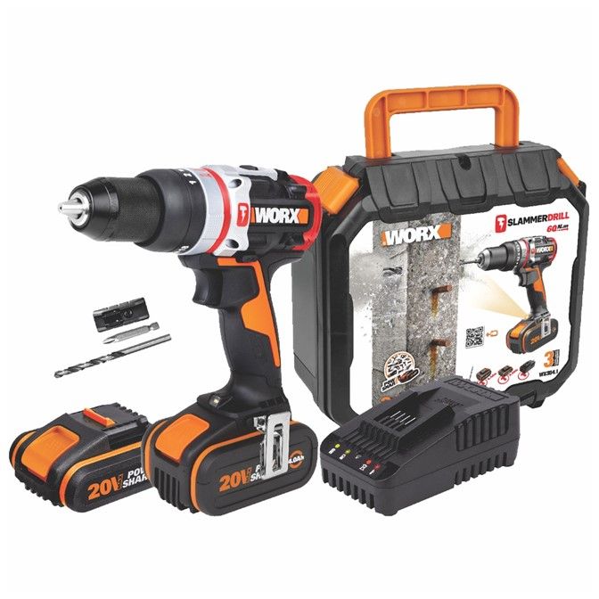 Worx Slammer 3-In-1 Brushless Active Hammer Drill Cordless 20V Kit ...