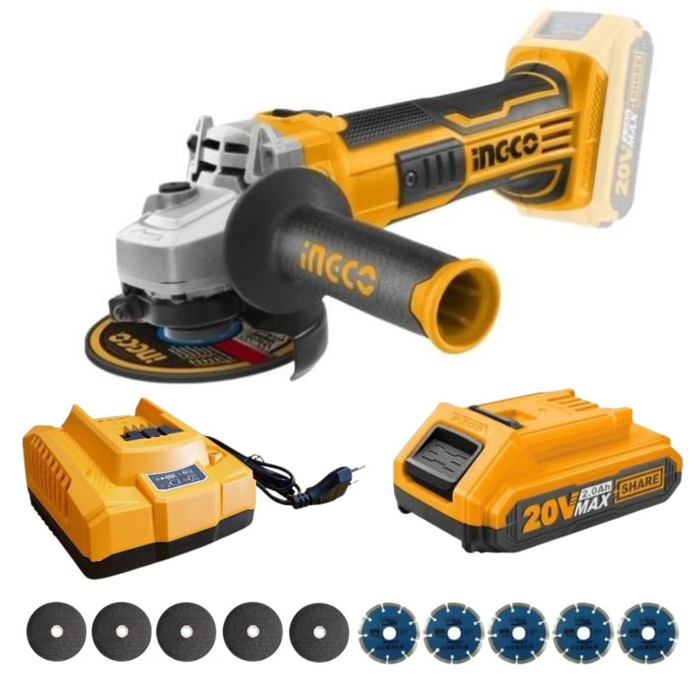 Ingco - Cordless Angle Grinder (20V) with Charger, Battery (2Ah) and ... Ingco - Cordless Angle Grinder (20V) with Charger, Battery (2Ah) and ...