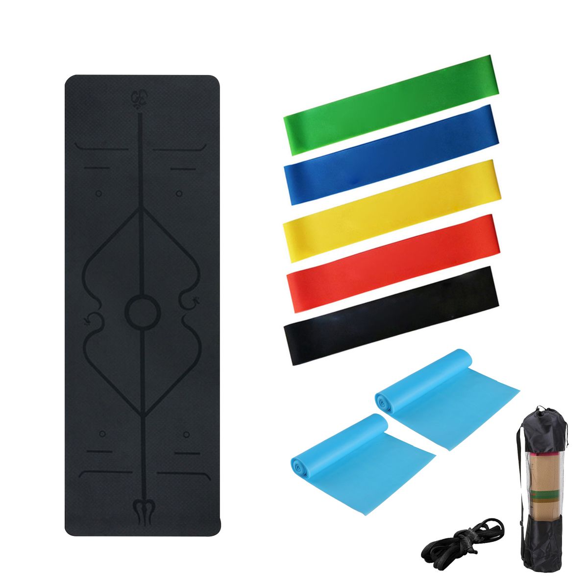 6mm Yoga Mat with Posture Line Guidance Set,2 Straps and 5 Resistance ...