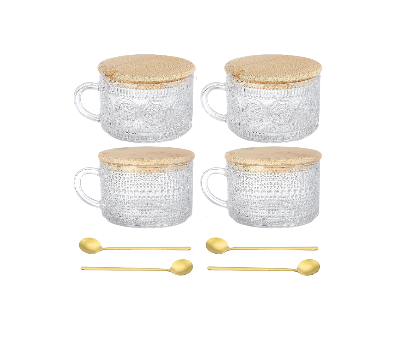 Vintage Serving Mugs Set of 4 Glass Cups with Bamboo Lids and Spoons ...