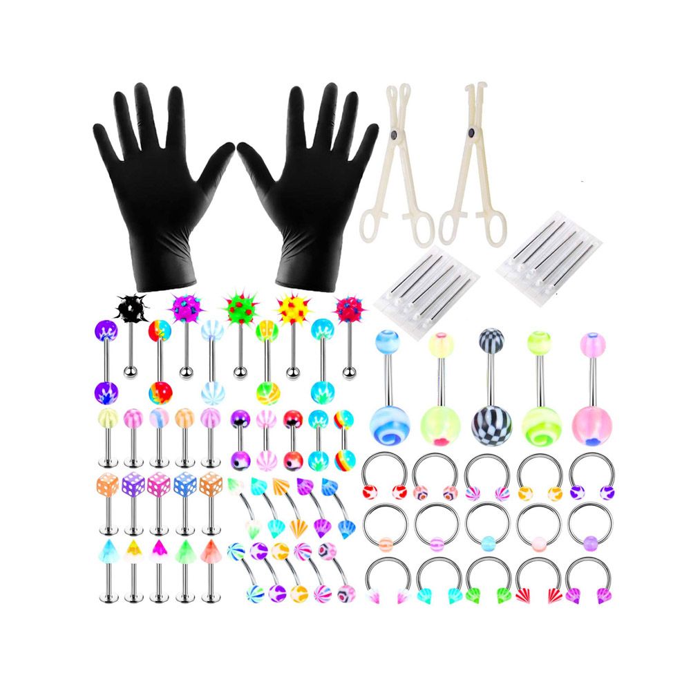 74 Piece Steel Acrylic Colorful Belly Tongue Body Piercing Jewelry Kits ...