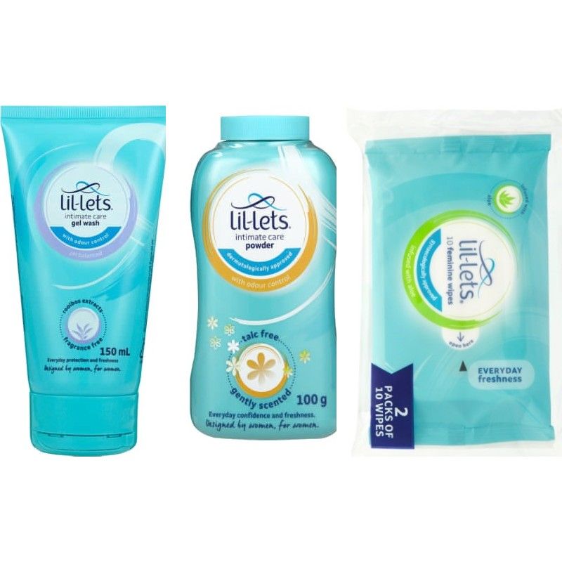 Lil-Lets Intimate Feminine Care Gel Wash, Powder, and 20 Aloe Wipes ...