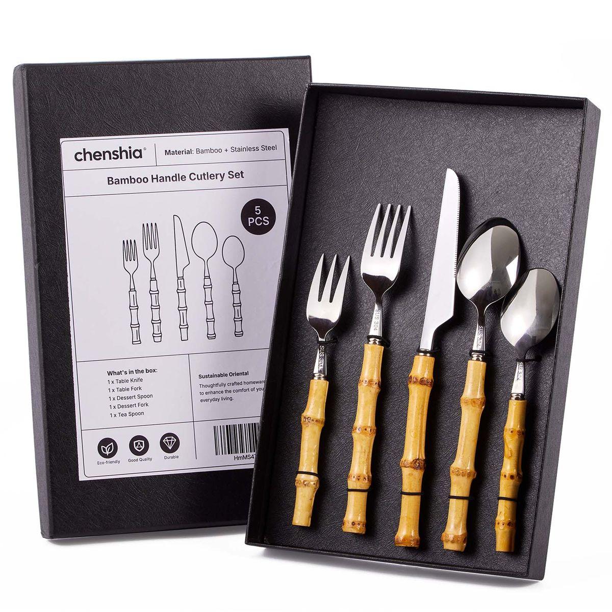 Chenshia 5pc Bamboo Handle Cutlery Set Rustic Boho Dining & Picnic ...
