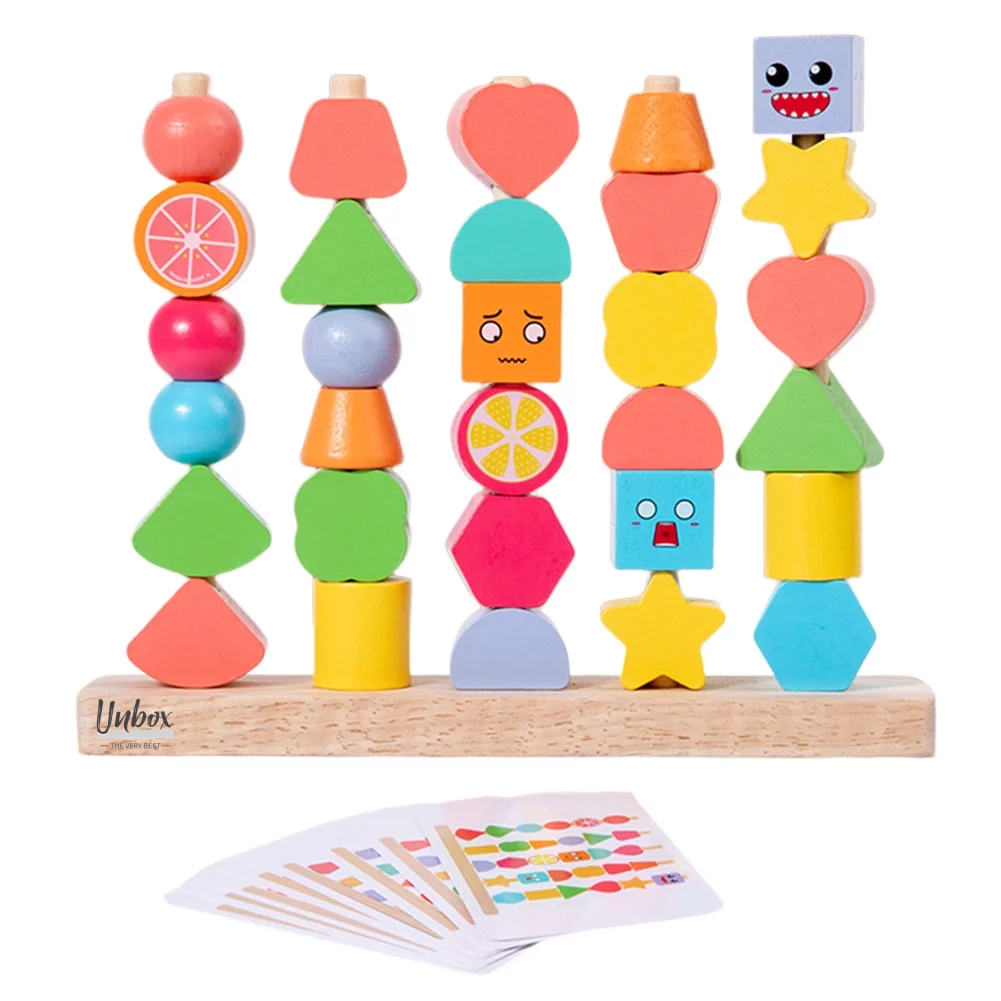 5 Column Wooden Bead Stacking Toy for Ages 3+ - Learn Colours & Shapes ...