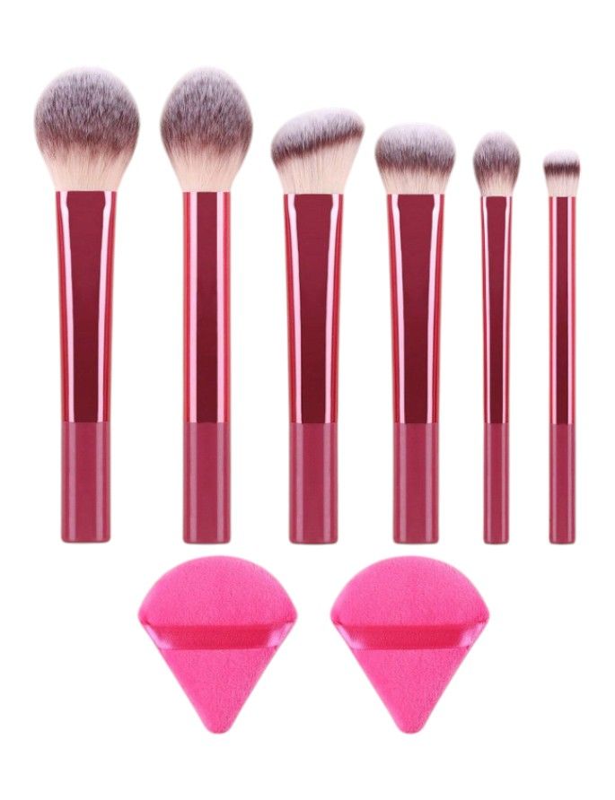 8 Piece Essential Makeup Brush Set With Setting Powder Puffs - Pink ...