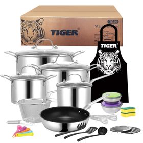 Tiger Stainless Steel 29 Piece Cookware Set - Tempered Glass Lid ...