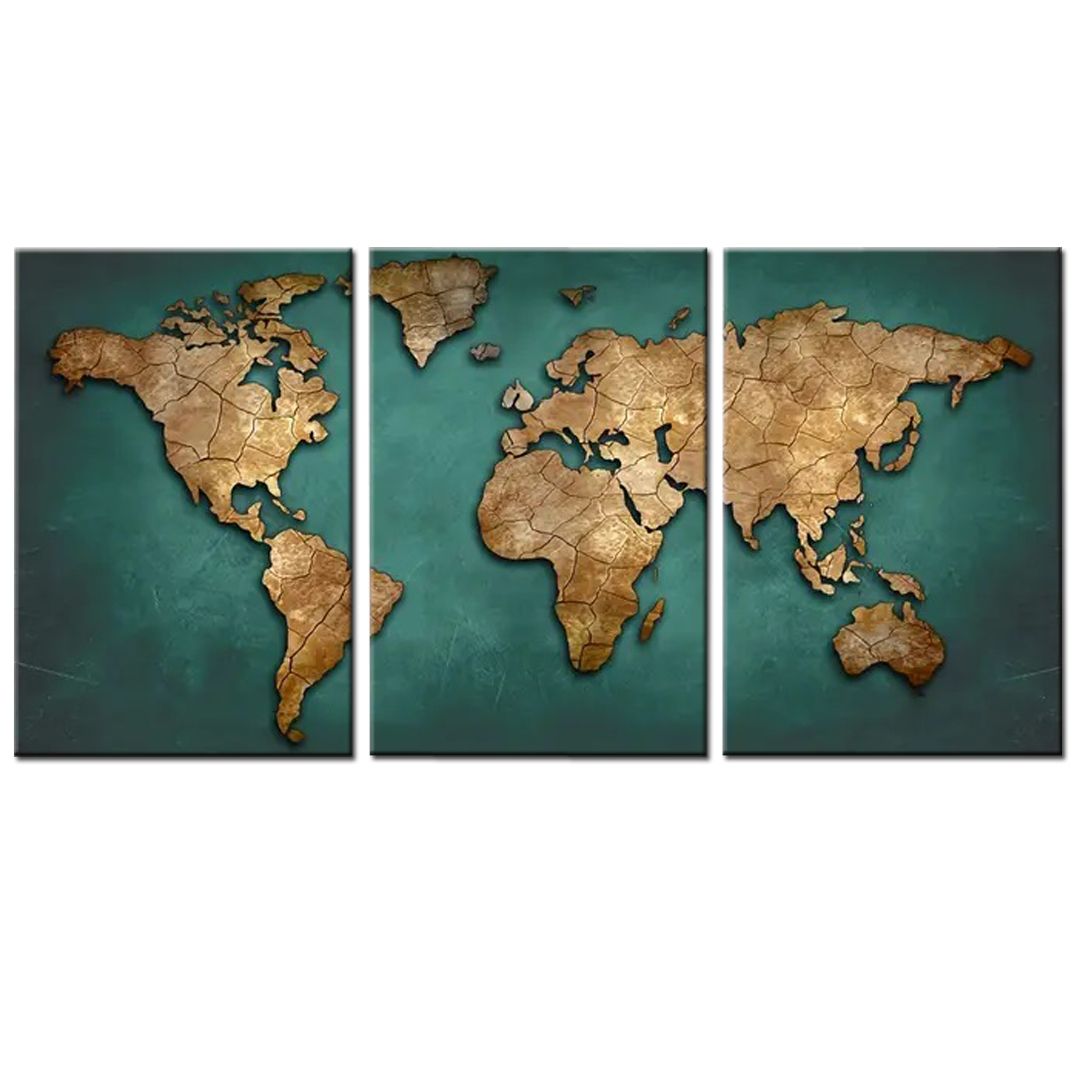 Canvas-Art-3 Pieces Green World Map Vintage Continent Abstract Wall Art ...