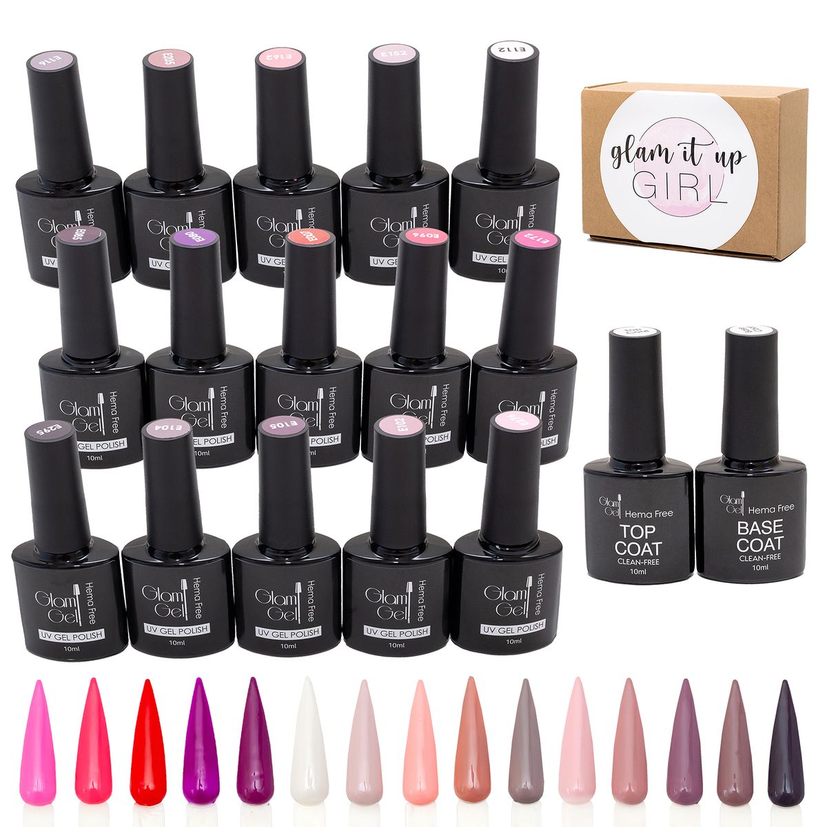 UV Gel Nail Polish Colour Starter Set of 15 HEMA-FREE Top&Base Glam Gel ...