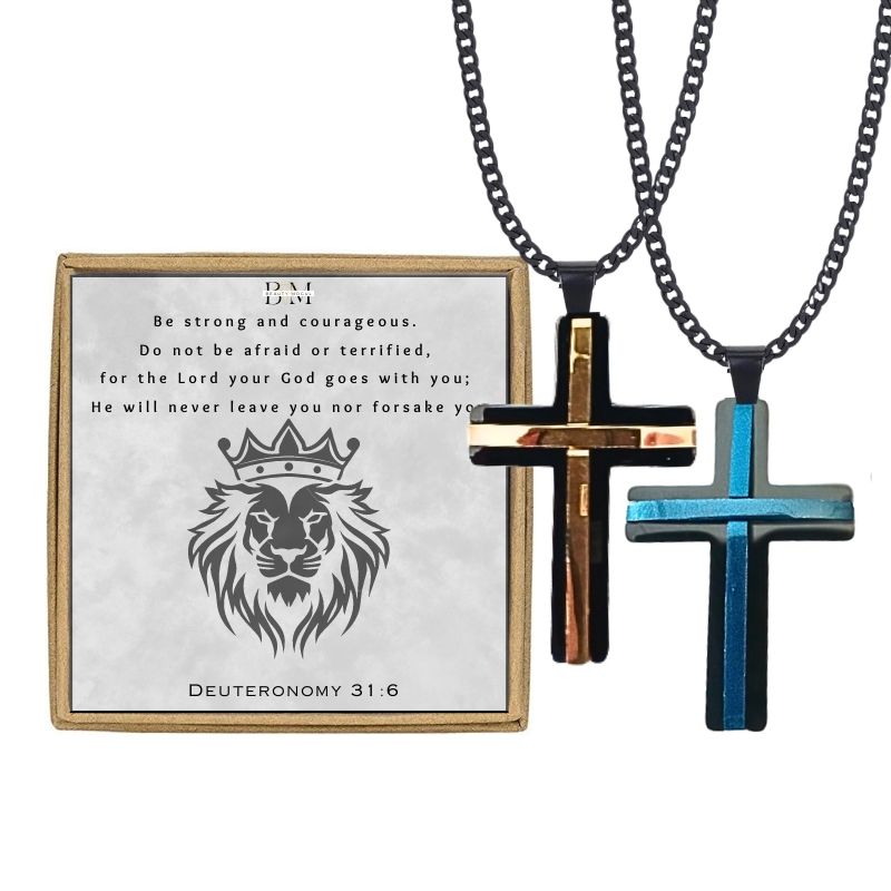 Men's Duo Cross Pendant Necklaces with Blue or Gold Accents, Card Gift ...