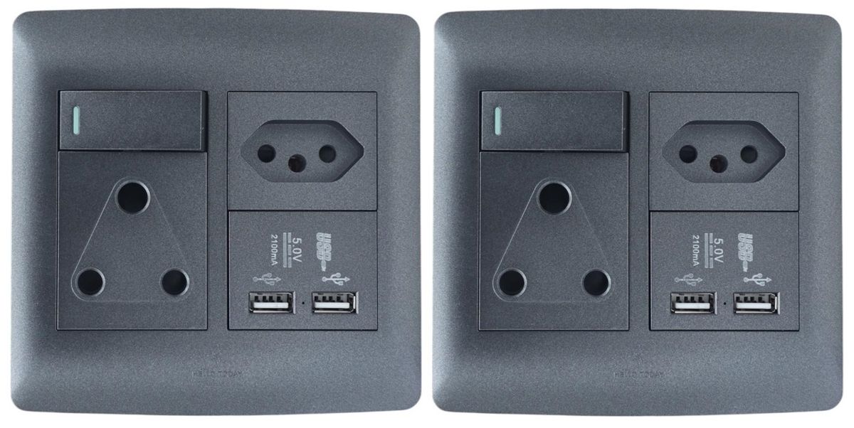 Hello Today Metallic Black Single Plug, Euro and 2 USB Socket - 2 Pack ...