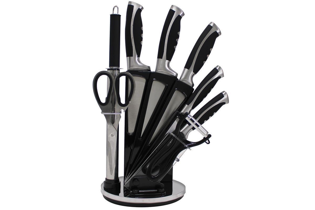 9 Piece Stainless Steel Rotating Kitchen Knife Set with Rubber Grips ...