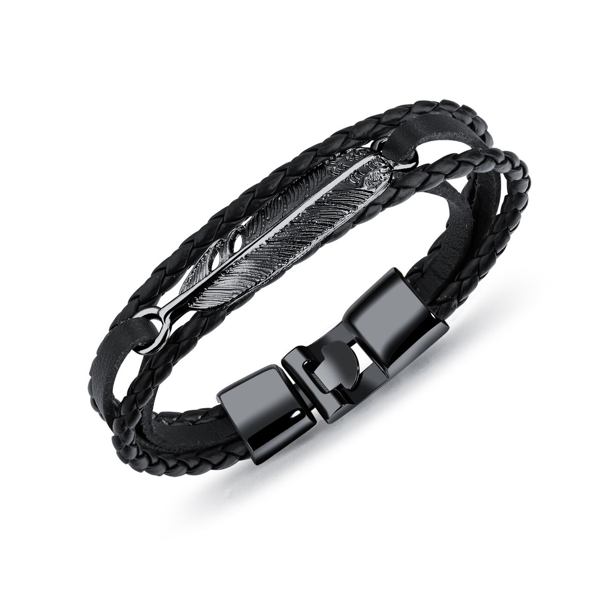 Unisex Black Leather Black Feather Bracelet (BA-PH1258-BK-BK) | Shop ...