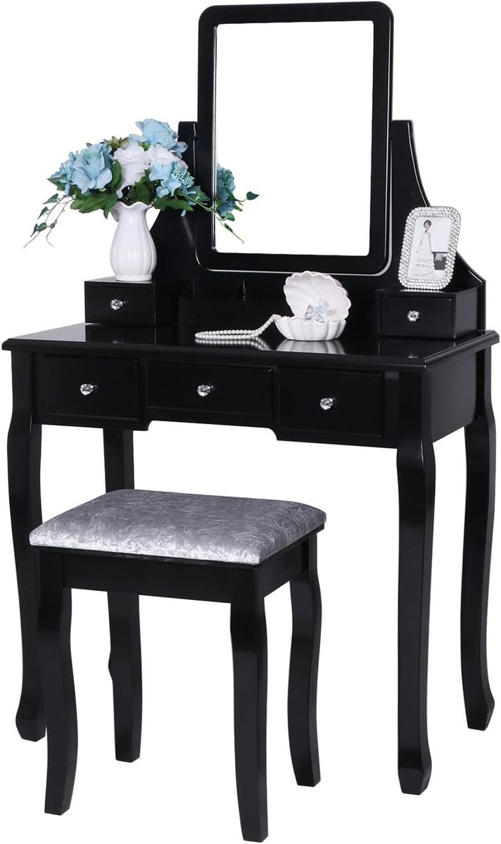 Dressing Table Set Vanity Makeup Table with Mirror & Cushioned Stool ...