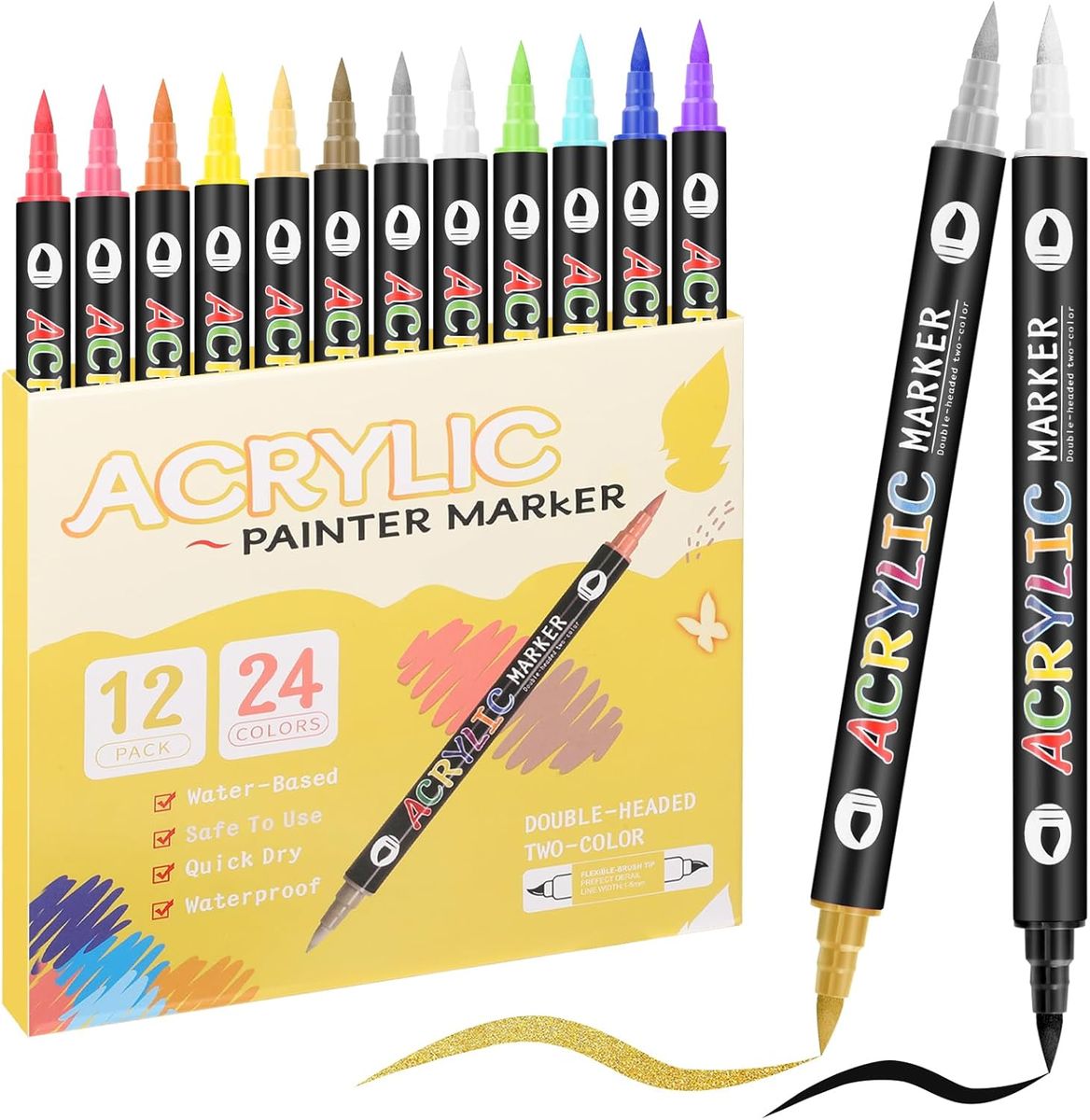 12PCS Dual Tip Art Markers Set - Acrylic Paint Pens with 24 Vibrant ...