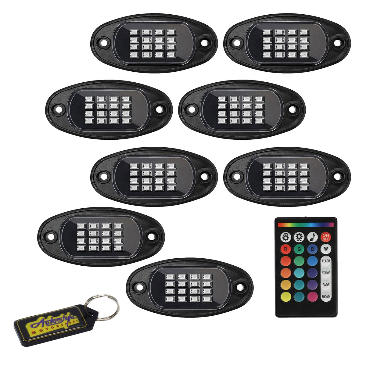 Universal LED Undercar 8 Piece Rock Light Kit with Remote & Key Holder ...