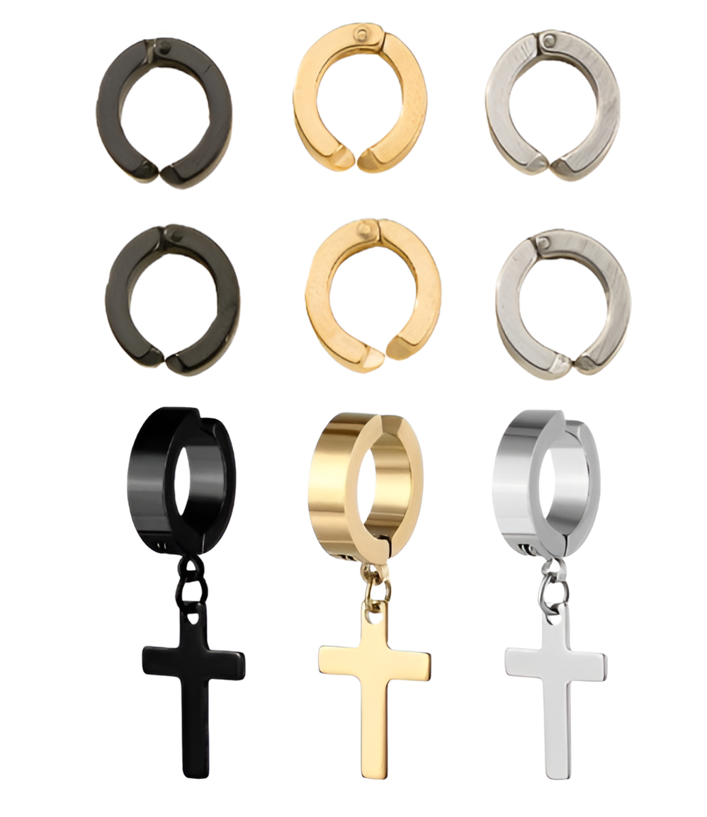 Clip-On Stainless Steel Non Piecing 6 Ear Cuffs And 3 Cross Unisex ...