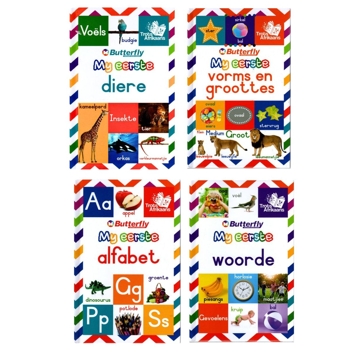 Trots Afrikaans My Eerste Boek Stel Van 4, Woorde, Diere, Alfabet en ...
