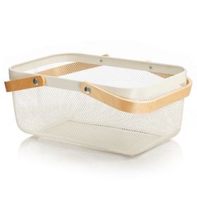 Large Modern Black Steel Mesh Basket With Double Wooden Handle - Beige ...
