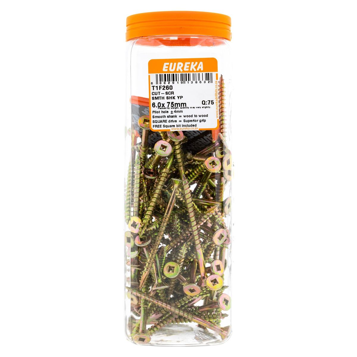 EUREKA Cut-Screw Smooth Shank Yellow Passivated 6 x 75mm Q:75 T1F260 ...