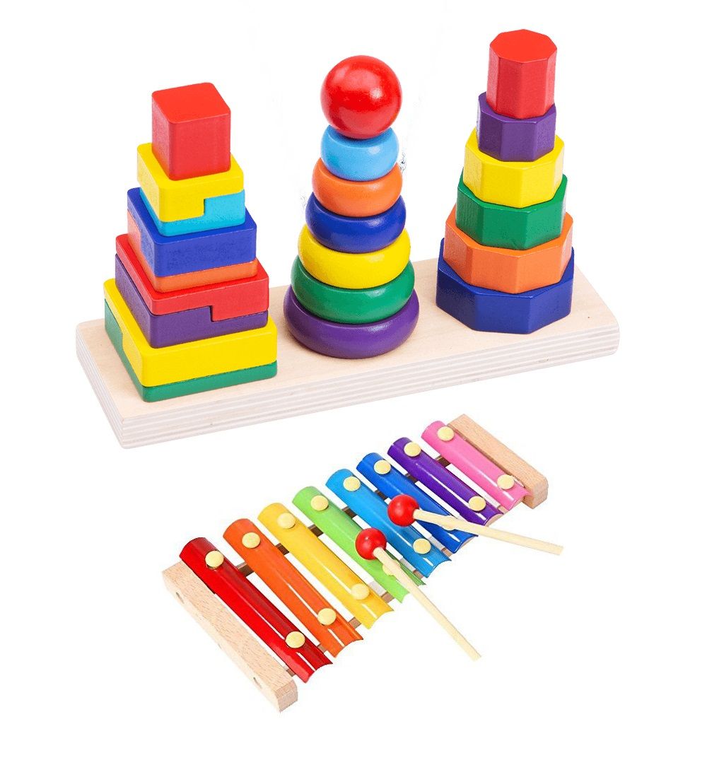 Kiddies Wooden Stacker blocks and Musical Xylophone Mini Combo Set ...